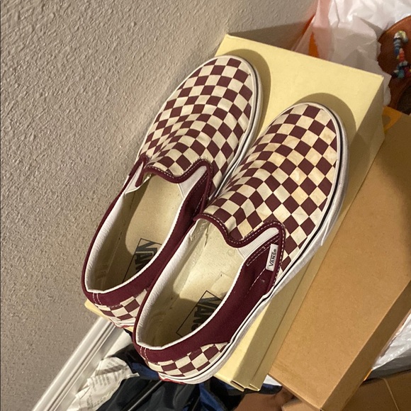 Vans | Shoes | Vans Burgundy And Cream Checkerboard Slipons | Poshmark
